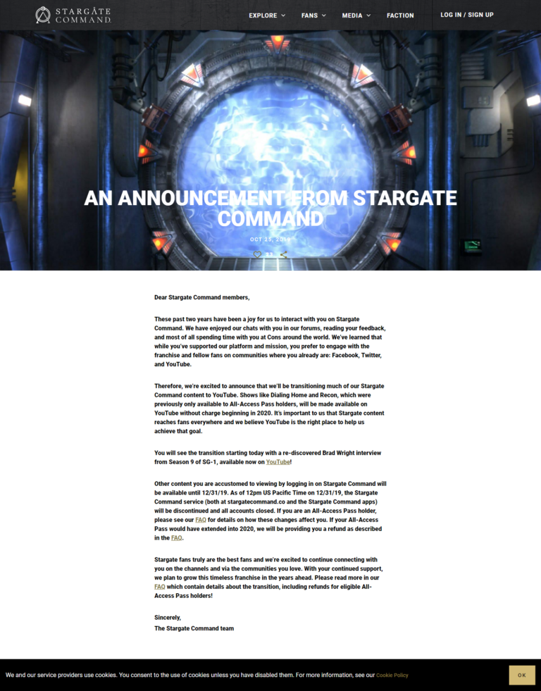 Last Day To Use Stargate Command Website | Stargate Legacy